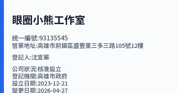 眼圈小熊工作室的照片-統編 93135545(高雄市) 公司登記資料與營業項目詳細圖表