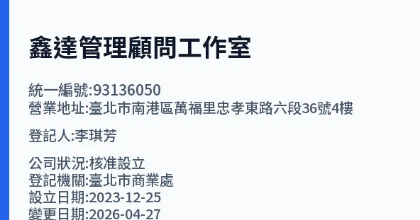 鑫達管理顧問工作室的照片-統編 93136050(臺北市) 公司登記資料與營業項目詳細圖表
