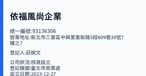 依福風尚企業的照片-統編 93136306(新北市) 公司登記資料與營業項目詳細圖表