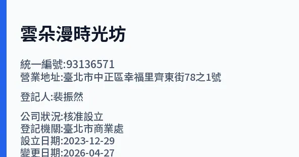 雲朵漫時光坊的照片-統編 93136571(臺北市) 公司登記資料與營業項目詳細圖表