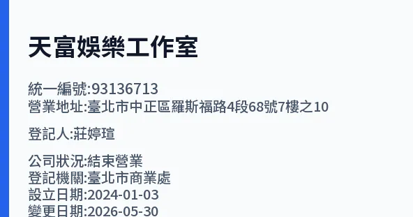 天富娛樂工作室的照片-統編 93136713(臺北市) 公司登記資料與營業項目詳細圖表