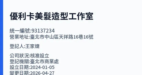 優利卡美髮造型工作室的照片-統編 93137234(臺北市) 公司登記資料與營業項目詳細圖表