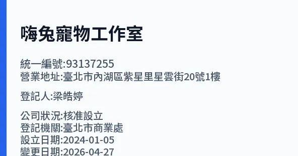 嗨兔寵物工作室的照片-統編 93137255(臺北市) 公司登記資料與營業項目詳細圖表