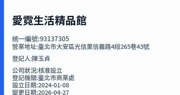 愛霓生活精品館的照片-統編 93137305(臺北市) 公司登記資料與營業項目詳細圖表