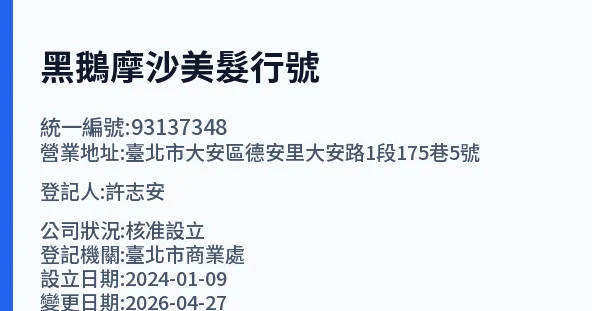 黑鵝摩沙美髮行號的照片-統編 93137348(臺北市) 公司登記資料與營業項目詳細圖表