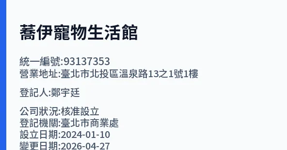 蕎伊寵物生活館的照片-統編 93137353(臺北市) 公司登記資料與營業項目詳細圖表