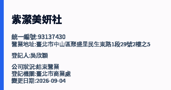 紫瀠美妍社的照片-統編 93137430(臺北市) 公司登記資料與營業項目詳細圖表