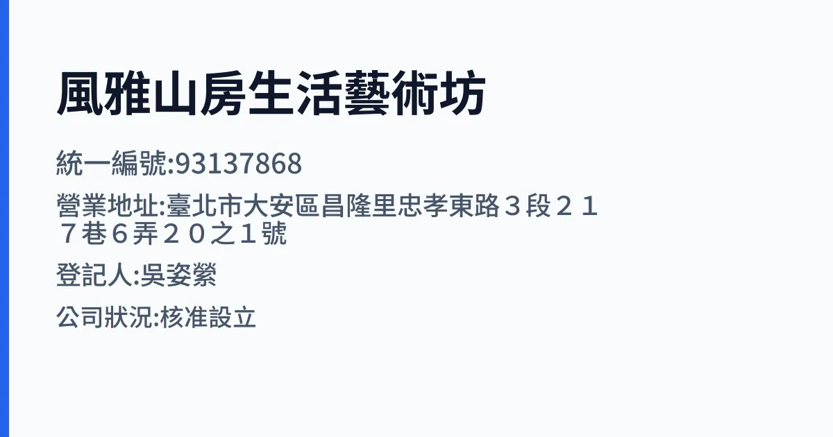 風雅山房生活藝術坊 - 統編 93137868(臺北市) 公司登記資料與營業項目詳細圖表