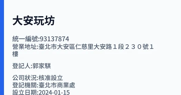 大安玩坊的照片-統編 93137874(臺北市) 公司登記資料與營業項目詳細圖表