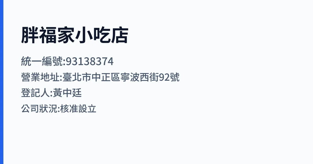 胖福家小吃店 - 統編 93138374(臺北市) 公司登記資料與營業項目詳細圖表