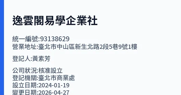 逸雲閣易學企業社的照片-統編 93138629(臺北市) 公司登記資料與營業項目詳細圖表