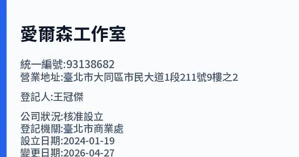 愛爾森工作室的照片-統編 93138682(臺北市) 公司登記資料與營業項目詳細圖表