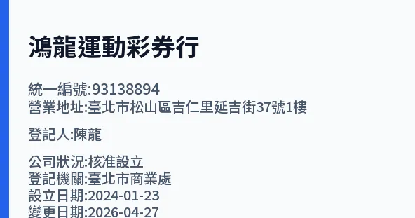 鴻龍運動彩券行的照片-統編 93138894(臺北市) 公司登記資料與營業項目詳細圖表