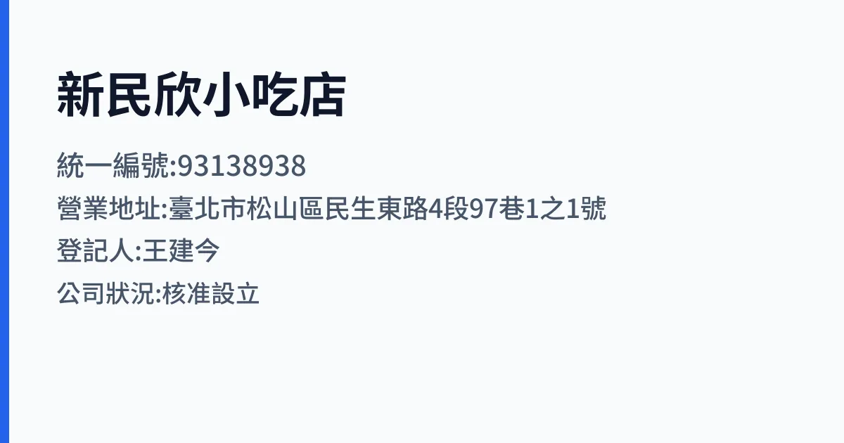 新民欣小吃店 - 統編 93138938(臺北市) 公司登記資料與營業項目詳細圖表