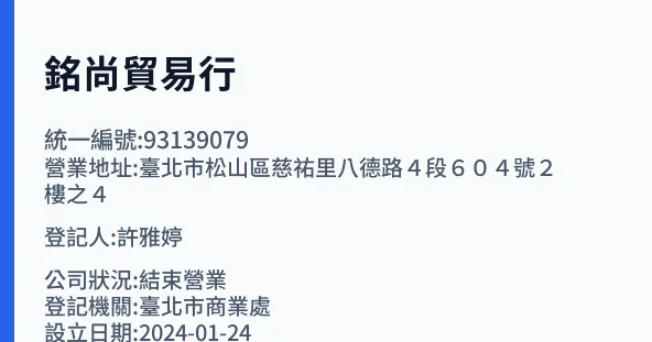 銘尚貿易行的照片-統編 93139079(臺北市) 公司登記資料與營業項目詳細圖表