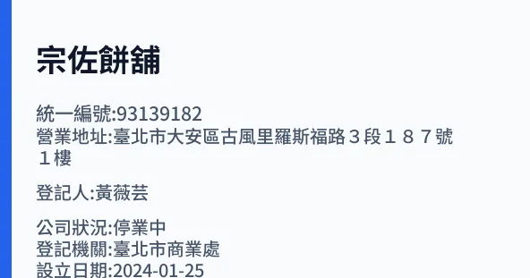 宗佐餅舖的照片-統編 93139182(臺北市) 公司登記資料與營業項目詳細圖表