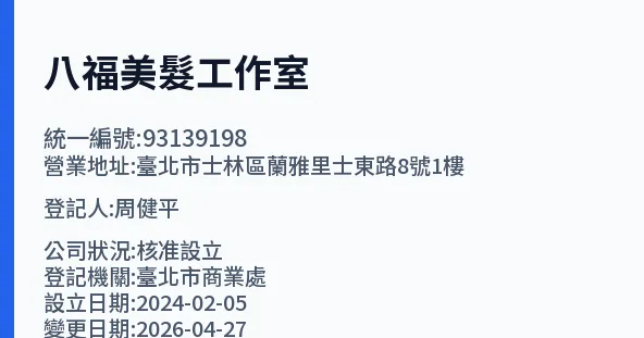 八福美髮工作室的照片-統編 93139198(臺北市) 公司登記資料與營業項目詳細圖表