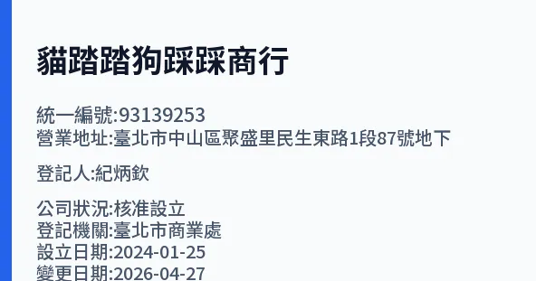 貓踏踏狗踩踩商行的照片-統編 93139253(臺北市) 公司登記資料與營業項目詳細圖表