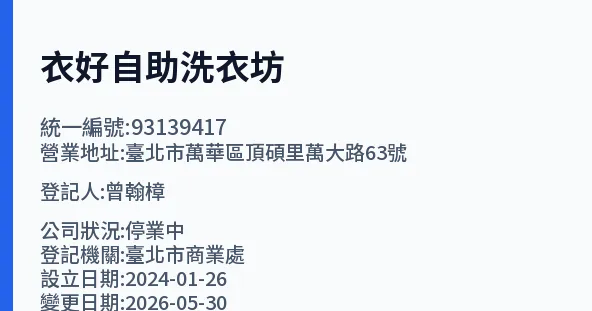 衣好自助洗衣坊的照片-統編 93139417(臺北市) 公司登記資料與營業項目詳細圖表
