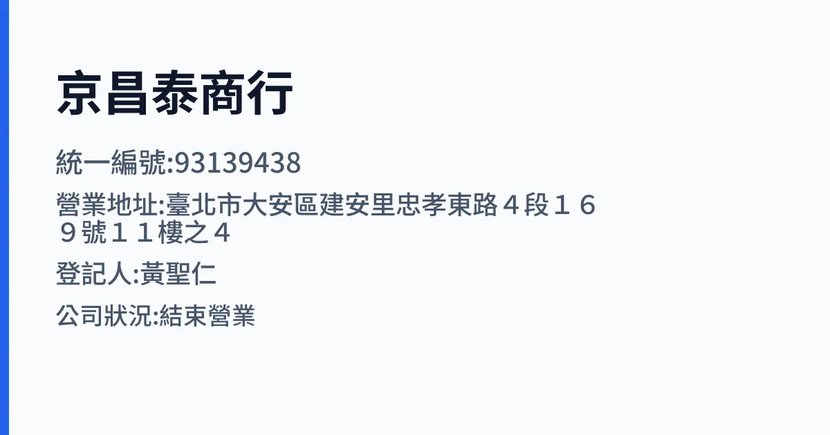 京昌泰商行 - 統編 93139438(臺北市) 公司登記資料與營業項目詳細圖表