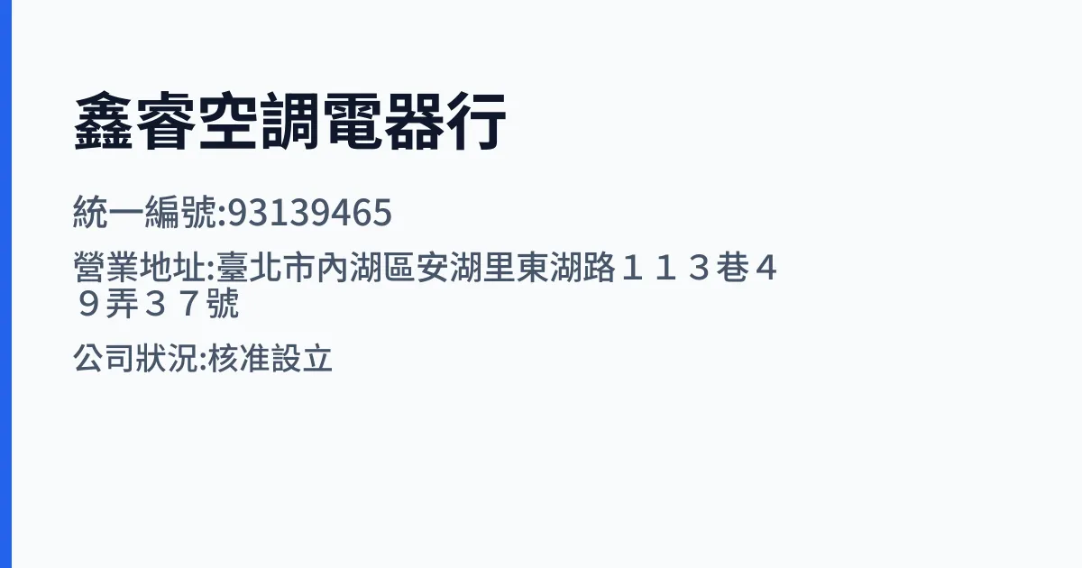 鑫睿空調電器行 - 統編 93139465(臺北市) 公司登記資料與營業項目詳細圖表