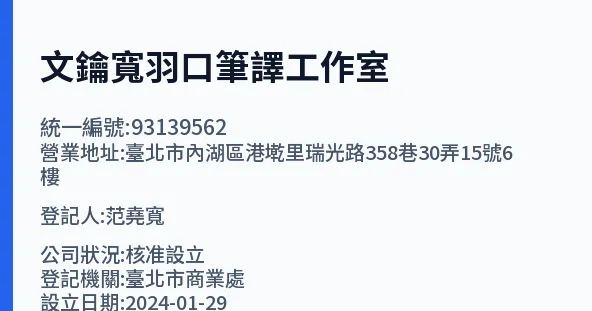 文鑰寬羽口筆譯工作室的照片-統編 93139562(臺北市) 公司登記資料與營業項目詳細圖表