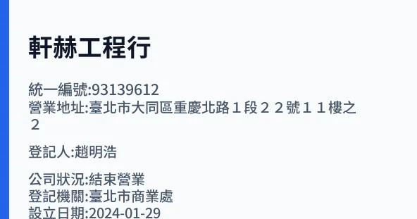 軒赫工程行的照片-統編 93139612(臺北市) 公司登記資料與營業項目詳細圖表