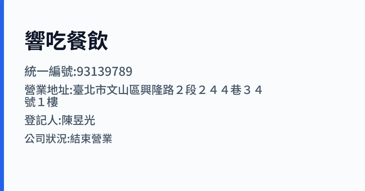 響吃餐飲 - 統編 93139789(臺北市) 公司登記資料與營業項目詳細圖表