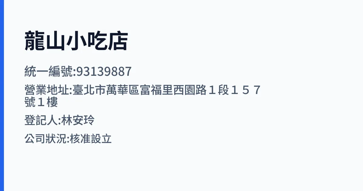 龍山小吃店 - 統編 93139887(臺北市) 公司登記資料與營業項目詳細圖表