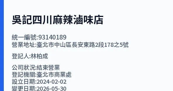 吳記四川麻辣滷味店的照片-統編 93140189(臺北市) 公司登記資料與營業項目詳細圖表
