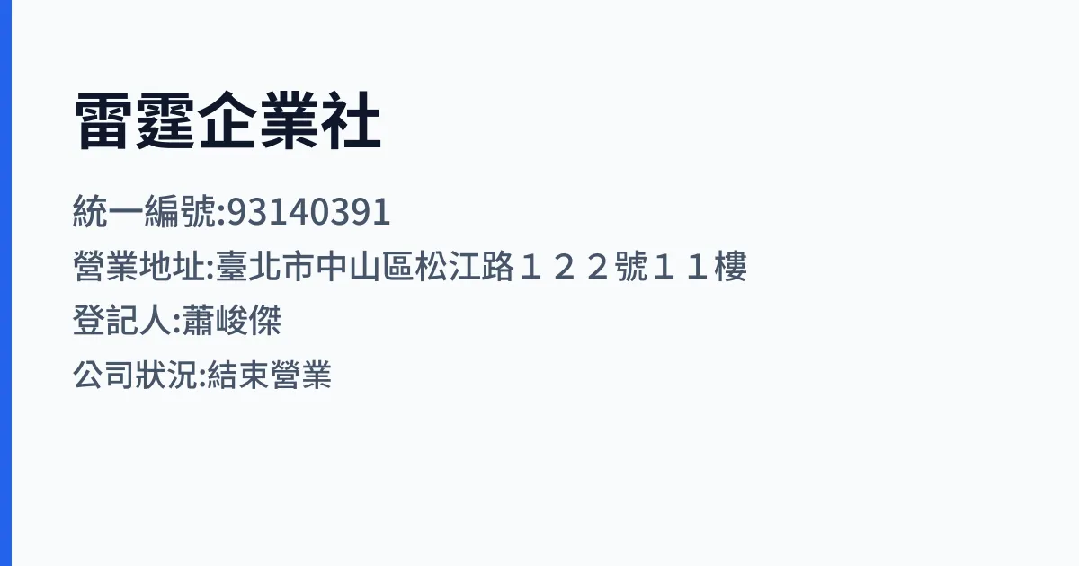 雷霆企業社 - 統編 93140391(臺北市) 公司登記資料與營業項目詳細圖表