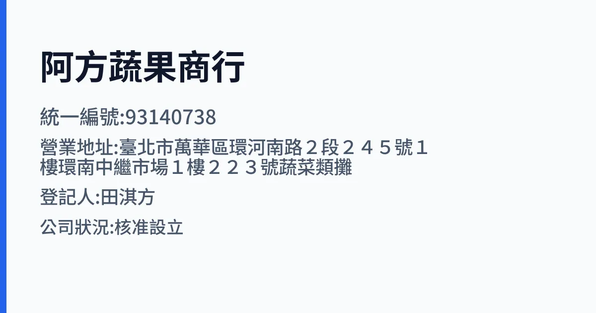 阿方蔬果商行 - 統編 93140738(臺北市) 公司登記資料與營業項目詳細圖表