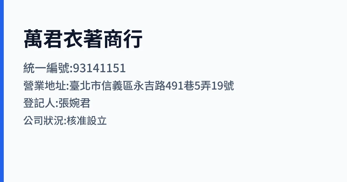 萬君衣著商行 - 統編 93141151(臺北市) 公司登記資料與營業項目詳細圖表