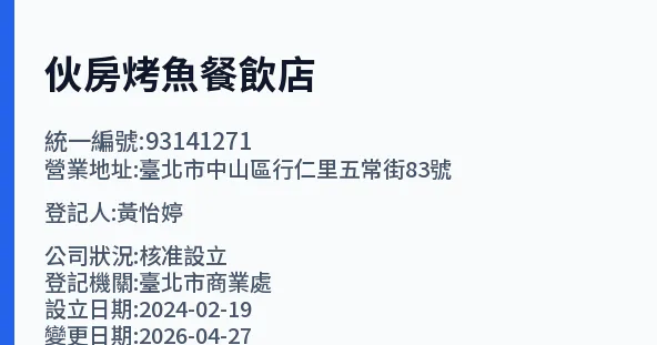 伙房烤魚餐飲店的照片-統編 93141271(臺北市) 公司登記資料與營業項目詳細圖表