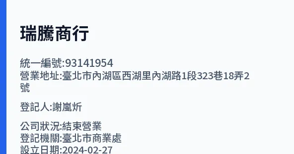 瑞騰商行的照片-統編 93141954(臺北市) 公司登記資料與營業項目詳細圖表