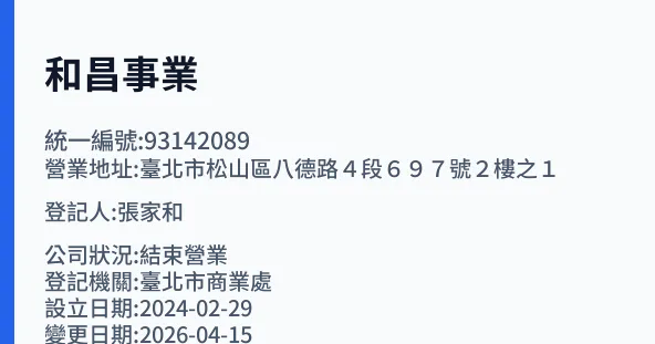 和昌事業的照片-統編 93142089(臺北市) 公司登記資料與營業項目詳細圖表