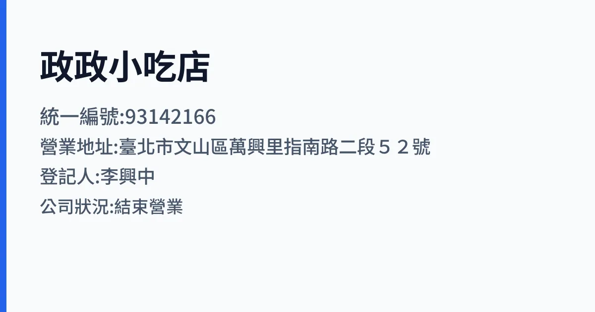 政政小吃店 - 統編 93142166(臺北市) 公司登記資料與營業項目詳細圖表
