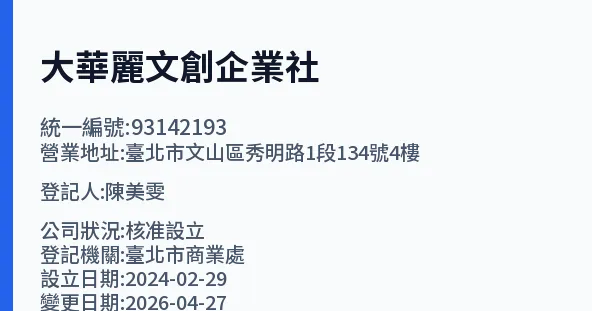 大華麗文創企業社的照片-統編 93142193(臺北市) 公司登記資料與營業項目詳細圖表
