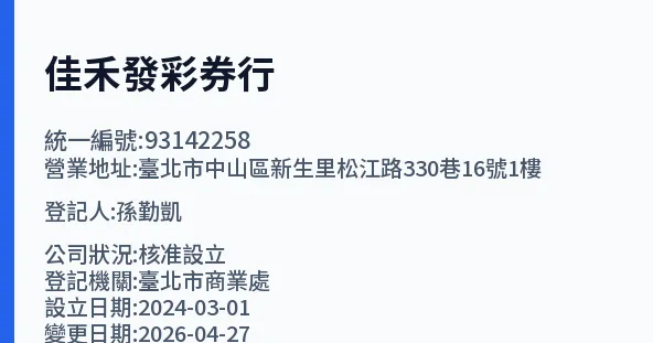 佳禾發彩券行的照片-統編 93142258(臺北市) 公司登記資料與營業項目詳細圖表