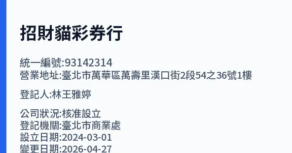 招財貓彩券行的照片-統編 93142314(臺北市) 公司登記資料與營業項目詳細圖表