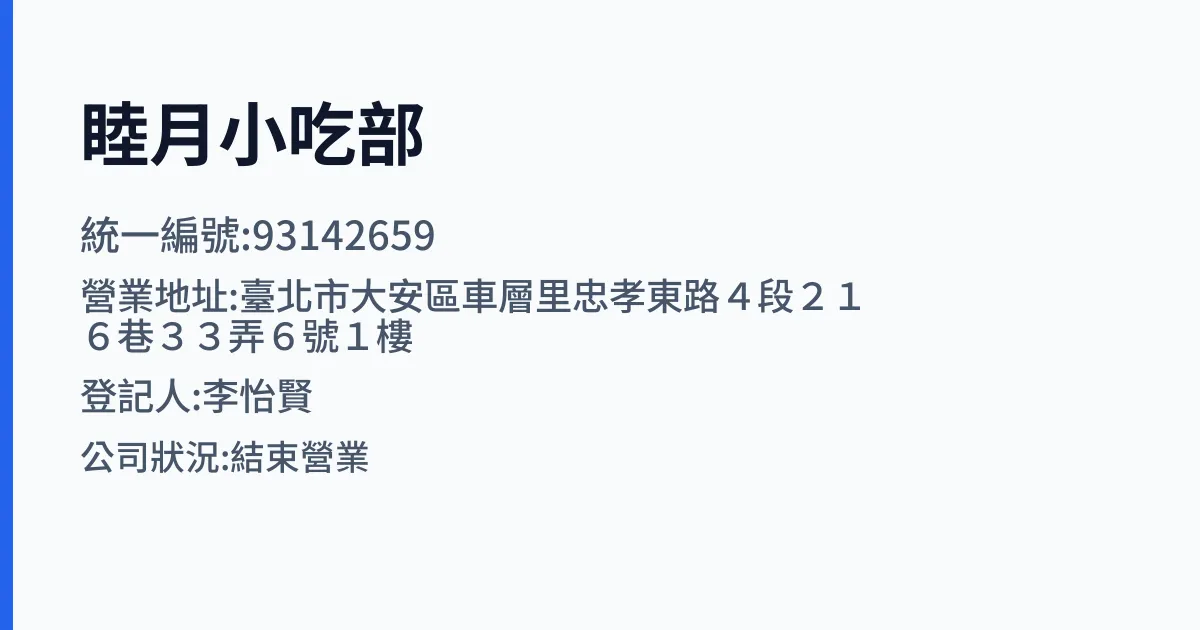 睦月小吃部 - 統編 93142659(臺北市) 公司登記資料與營業項目詳細圖表