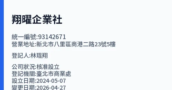 翔曜企業社的照片-統編 93142671(新北市) 公司登記資料與營業項目詳細圖表