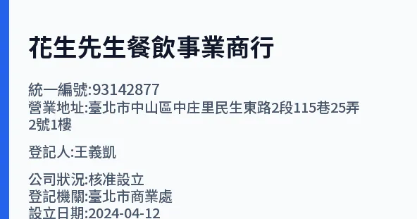 花生先生餐飲事業商行的照片-統編 93142877(臺北市) 公司登記資料與營業項目詳細圖表