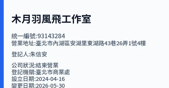 木月羽風飛工作室的照片-統編 93143284(臺北市) 公司登記資料與營業項目詳細圖表