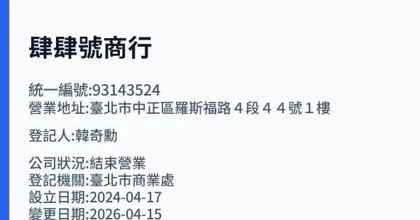 肆肆號商行的照片-統編 93143524(臺北市) 公司登記資料與營業項目詳細圖表