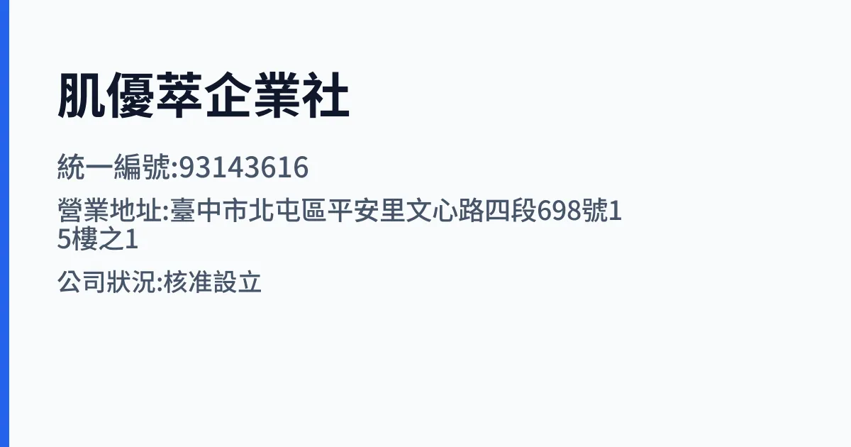 肌優萃企業社 - 統編 93143616(臺北市) 公司登記資料與營業項目詳細圖表