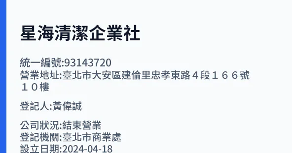 星海清潔企業社的照片-統編 93143720(臺北市) 公司登記資料與營業項目詳細圖表