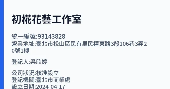 初椛花藝工作室的照片-統編 93143828(臺北市) 公司登記資料與營業項目詳細圖表