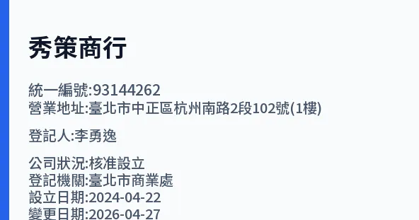 秀策商行的照片-統編 93144262(臺北市) 公司登記資料與營業項目詳細圖表