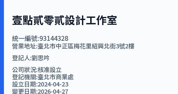 壹點貳零貳設計工作室的照片-統編 93144328(臺北市) 公司登記資料與營業項目詳細圖表